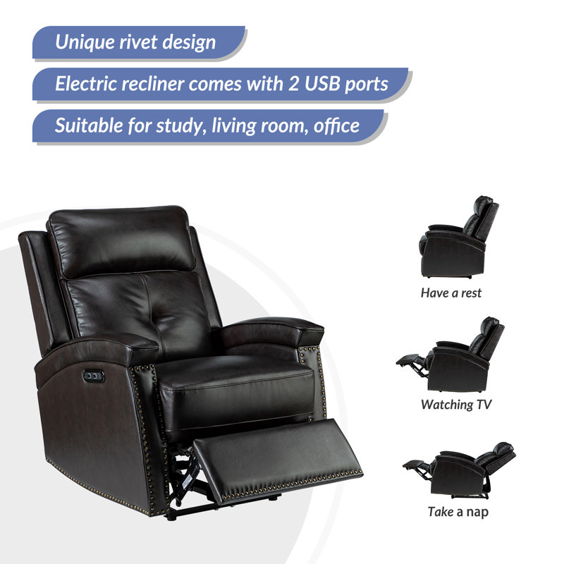Wade Logan® Avelino Genuine Leather Power Recliner with Nailhead Trim & Reviews | Wayfair